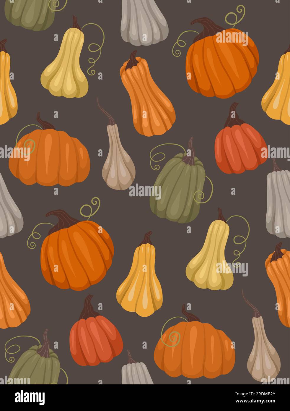 Seamless vector rural pattern with various pumpkins on a dark gray ...
