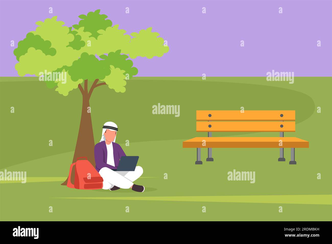Cartoon flat style drawing Arab businessman sitting in park under a ...