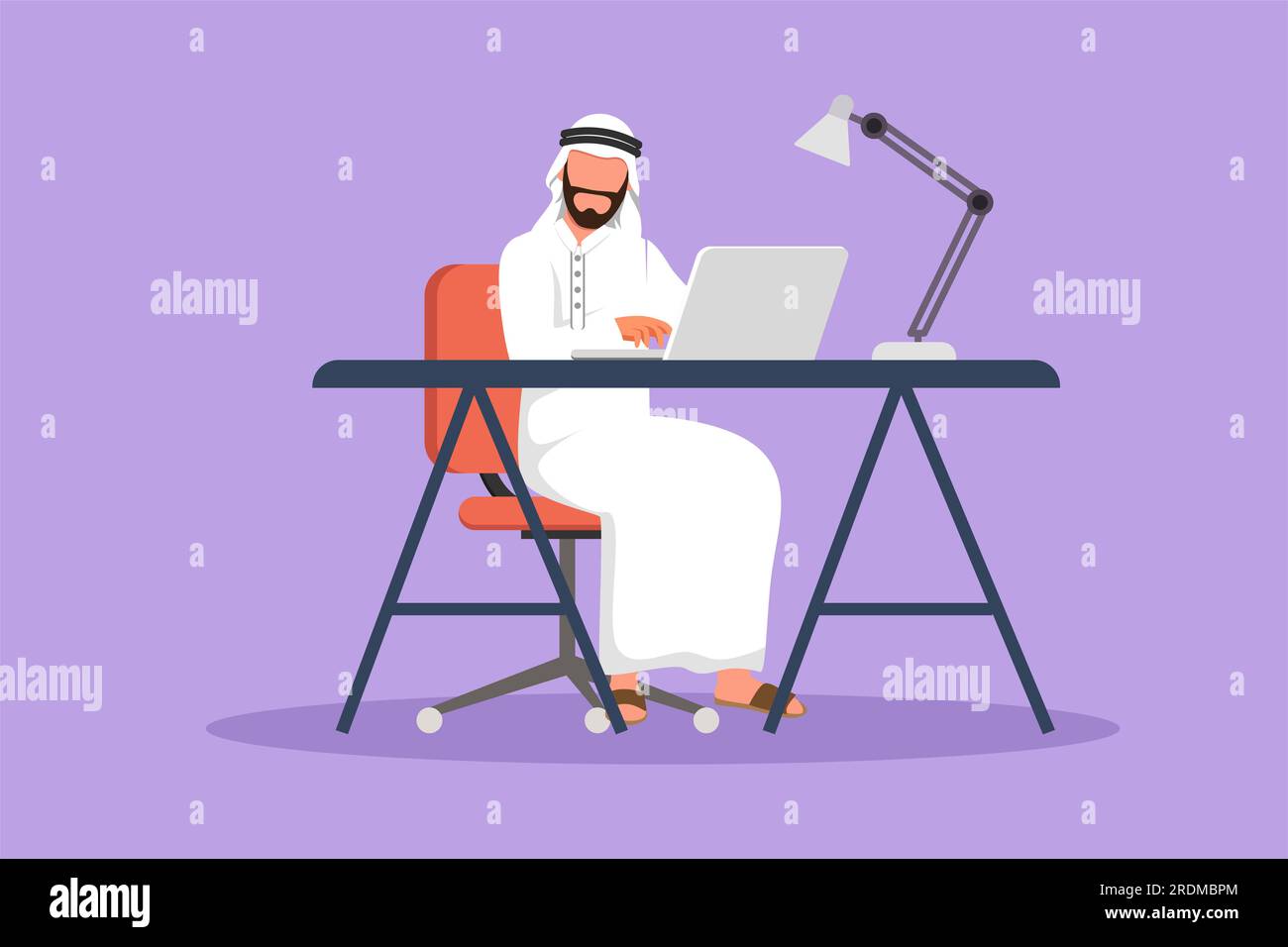 Cartoon flat style drawing Arab man study with laptop, desk lamp, pile ...