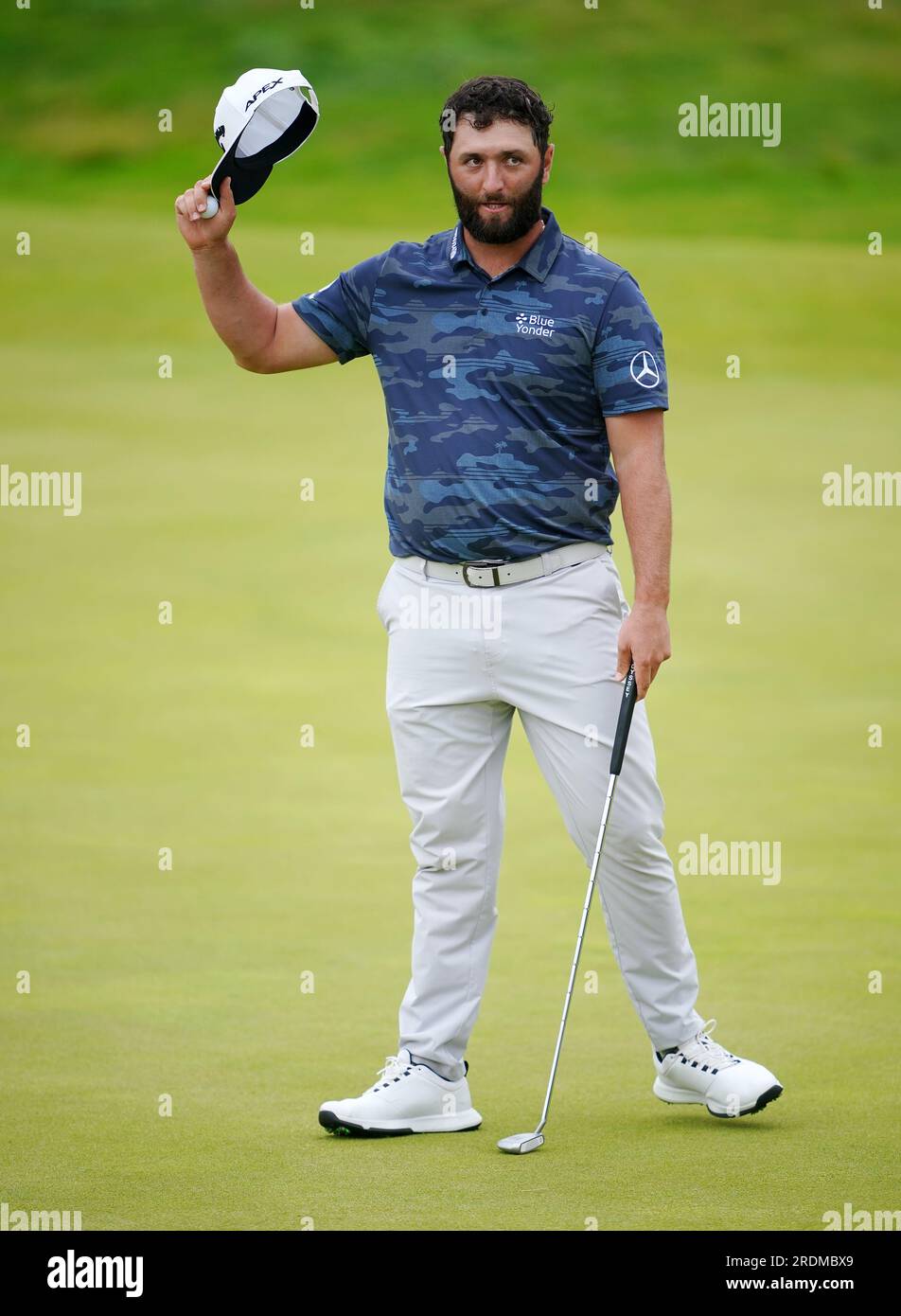 Spain's Jon Rahm celebrates a birdie on the 18th during day three of ...