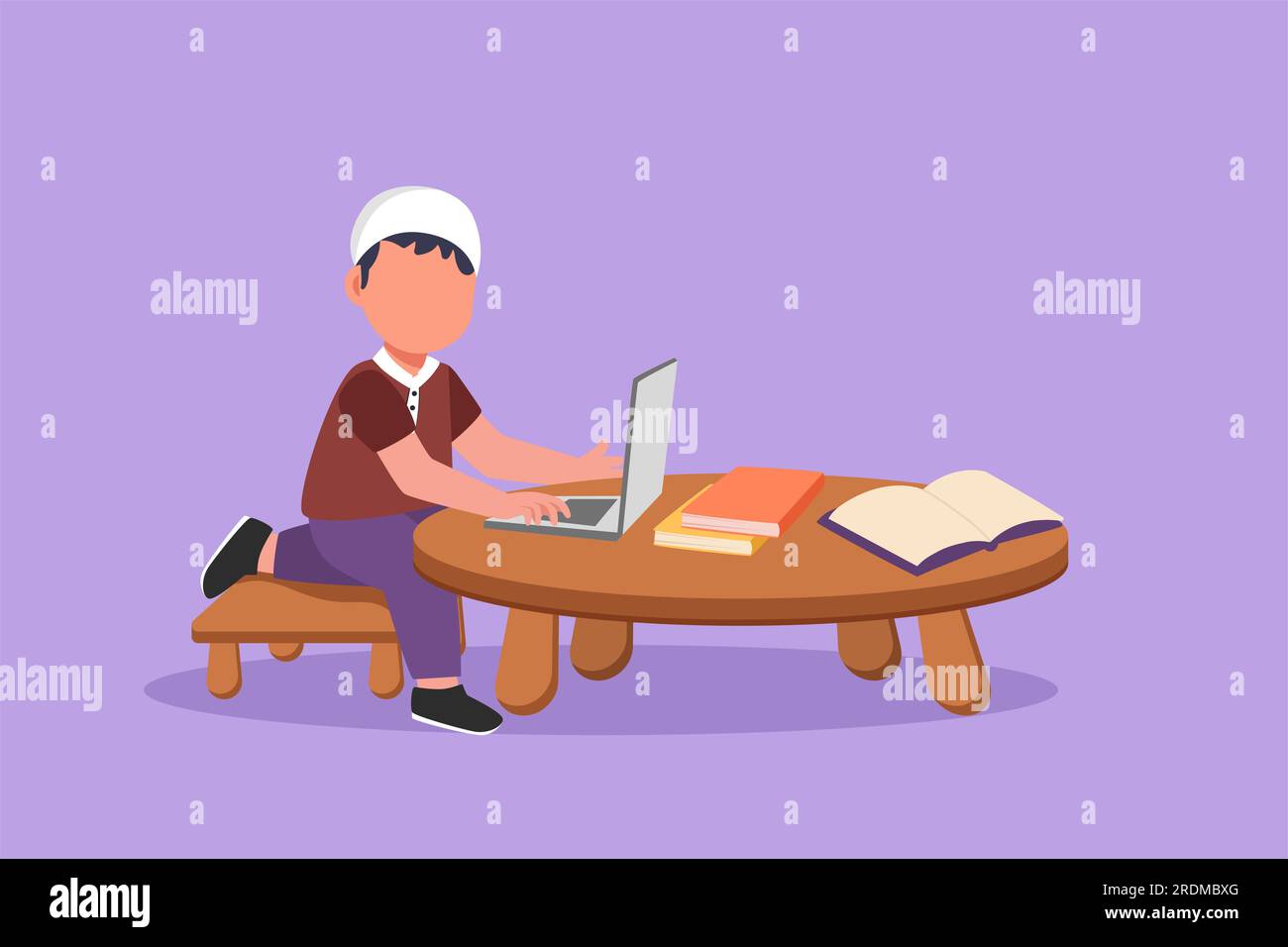Graphic flat design drawing Arab child at computer and open book on ...