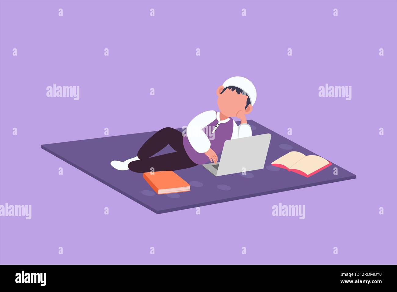 Cartoon flat style drawing little boy lying on floor and typing on ...