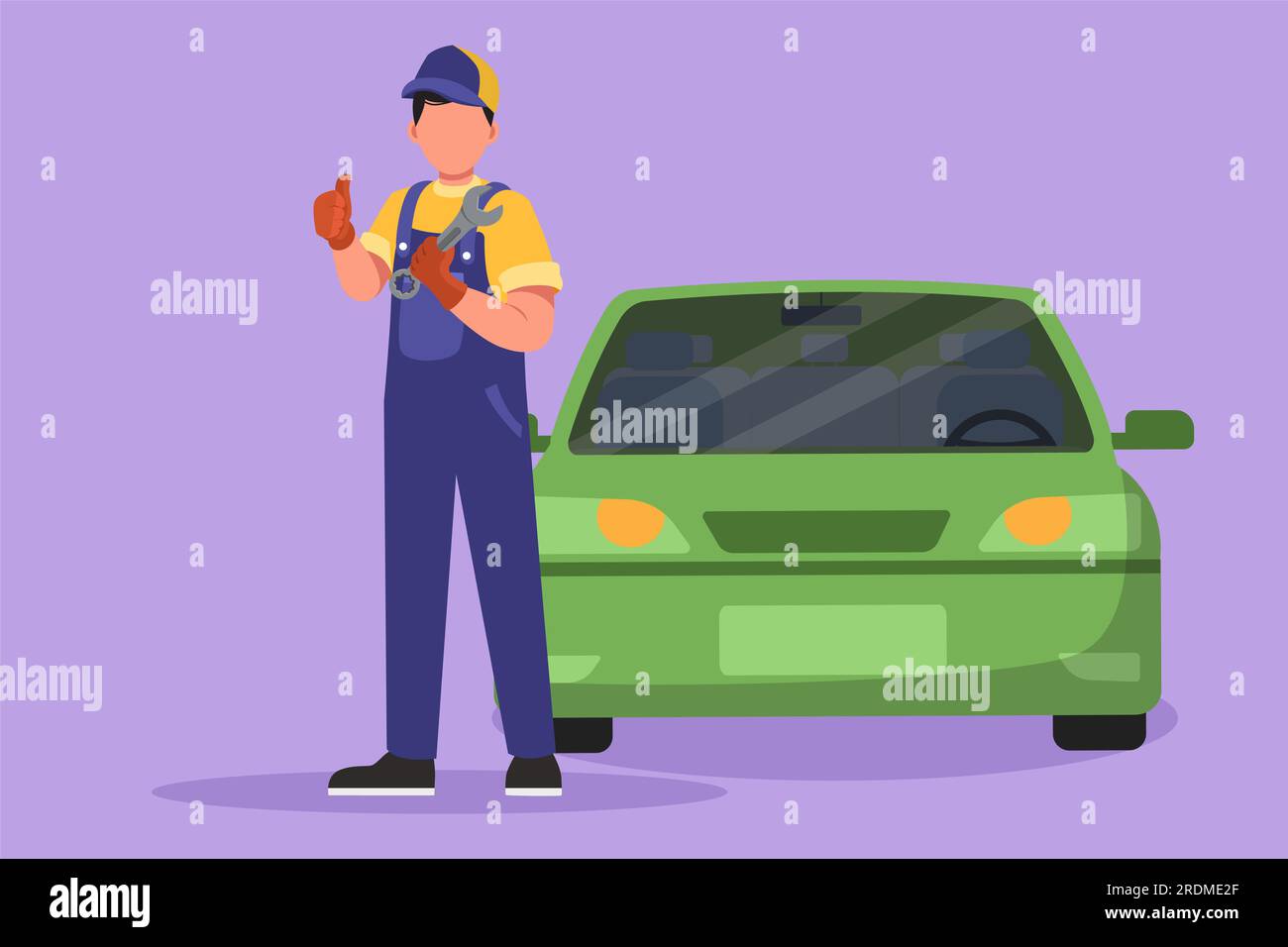 Character flat drawing male mechanic standing in front of car with ...