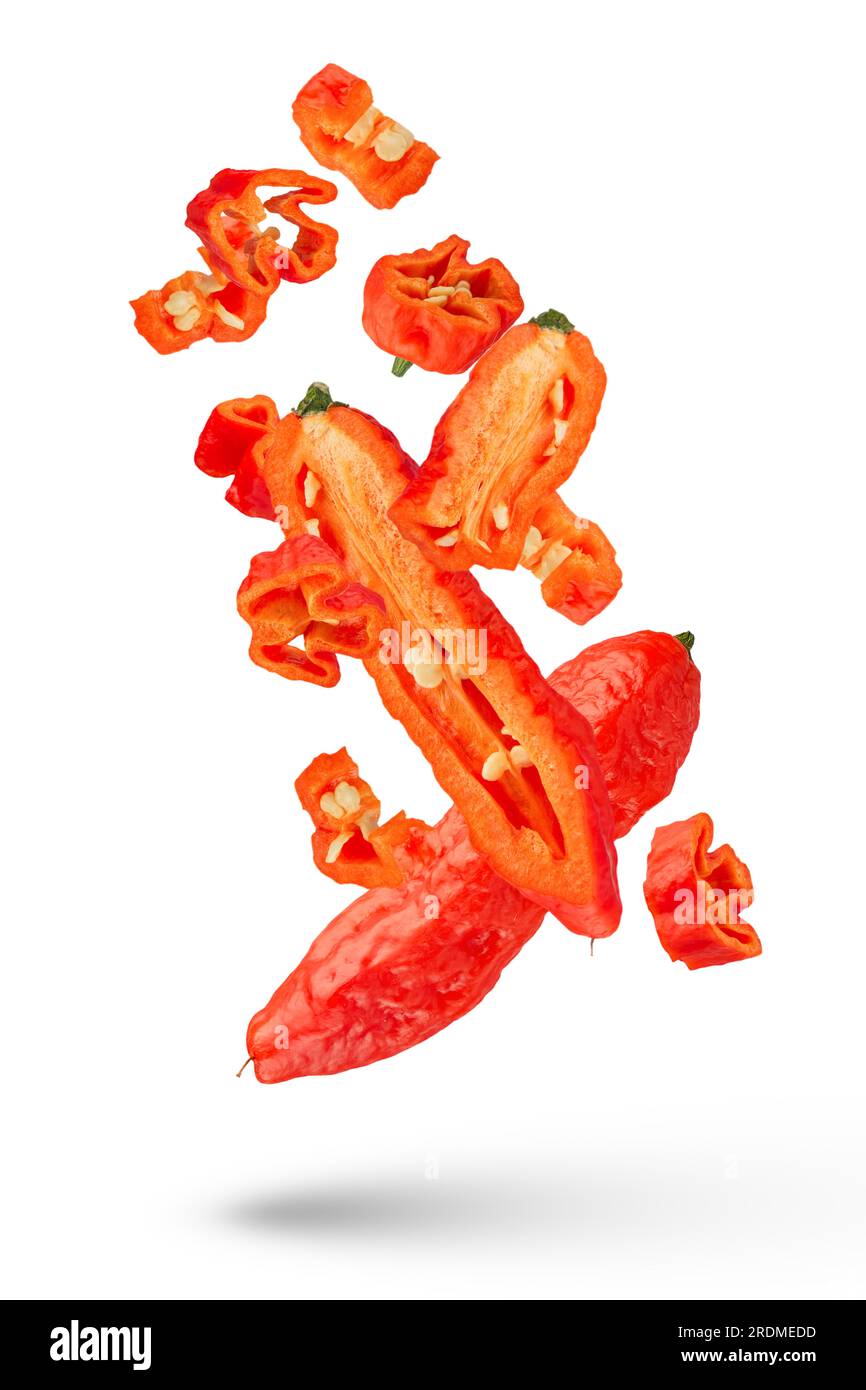 Flying pepper. Pods of fresh habanero peppers fly in different ...
