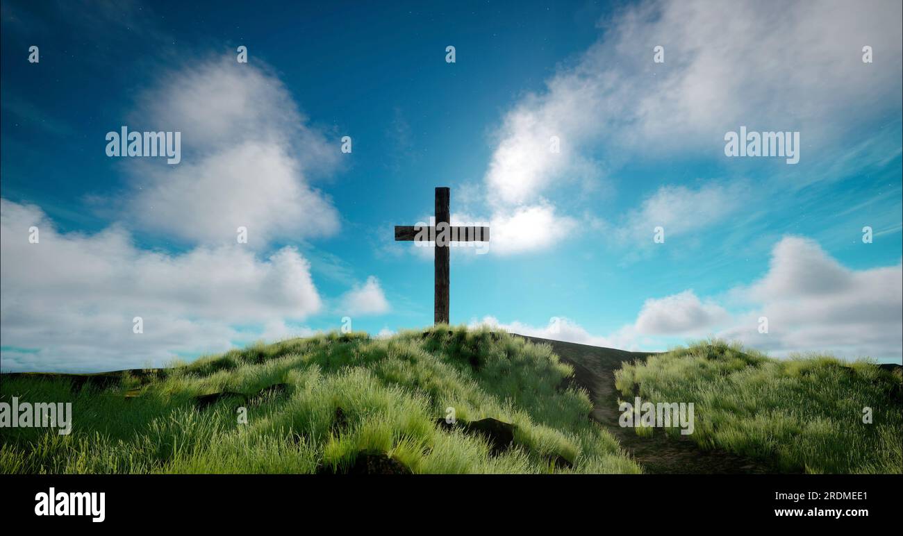 One cross on the hill with clouds moving on blue starry sky. Easter ...