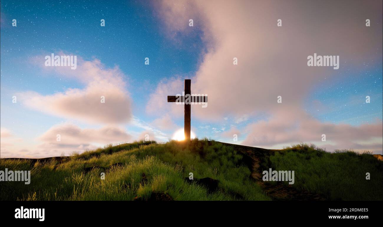 One cross on the hill with clouds moving on blue starry sky. Easter ...