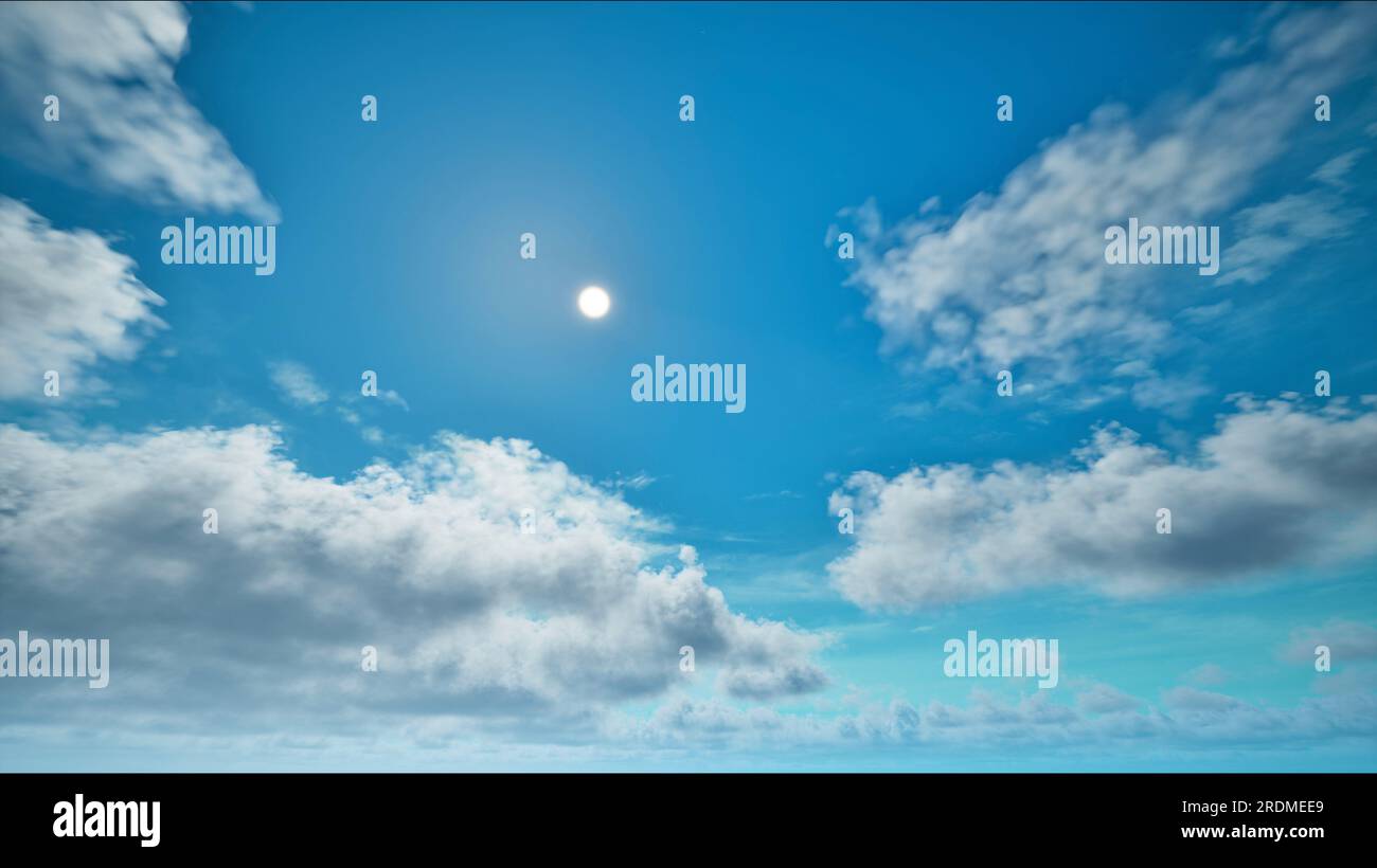 Sun on the blue sky with moving clouds. Day with cloudy sky. Beautiful ...