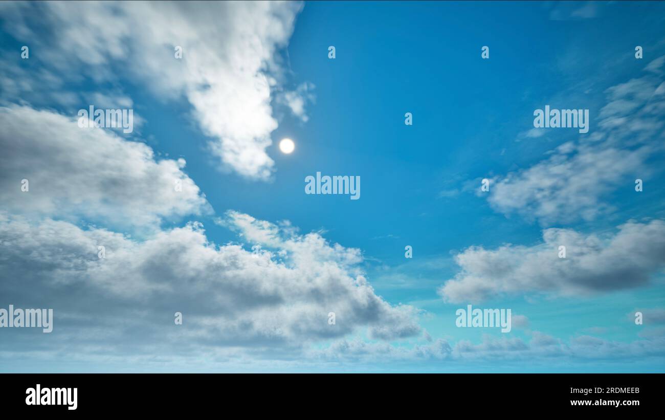 Sun on the blue sky with moving clouds. Day with cloudy sky. Beautiful ...