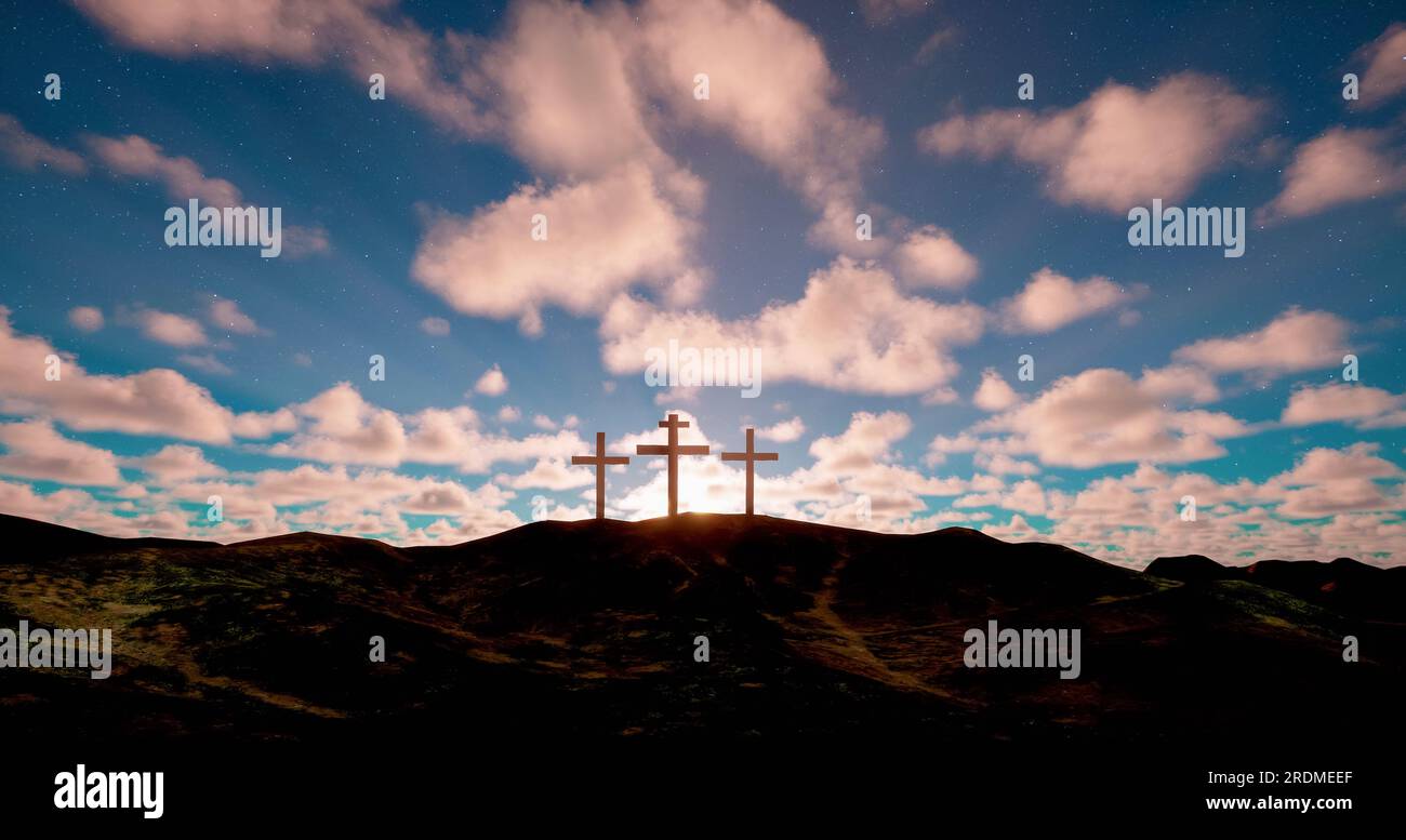 Three crosses on the hill with clouds moving on blue starry sky. Easter ...