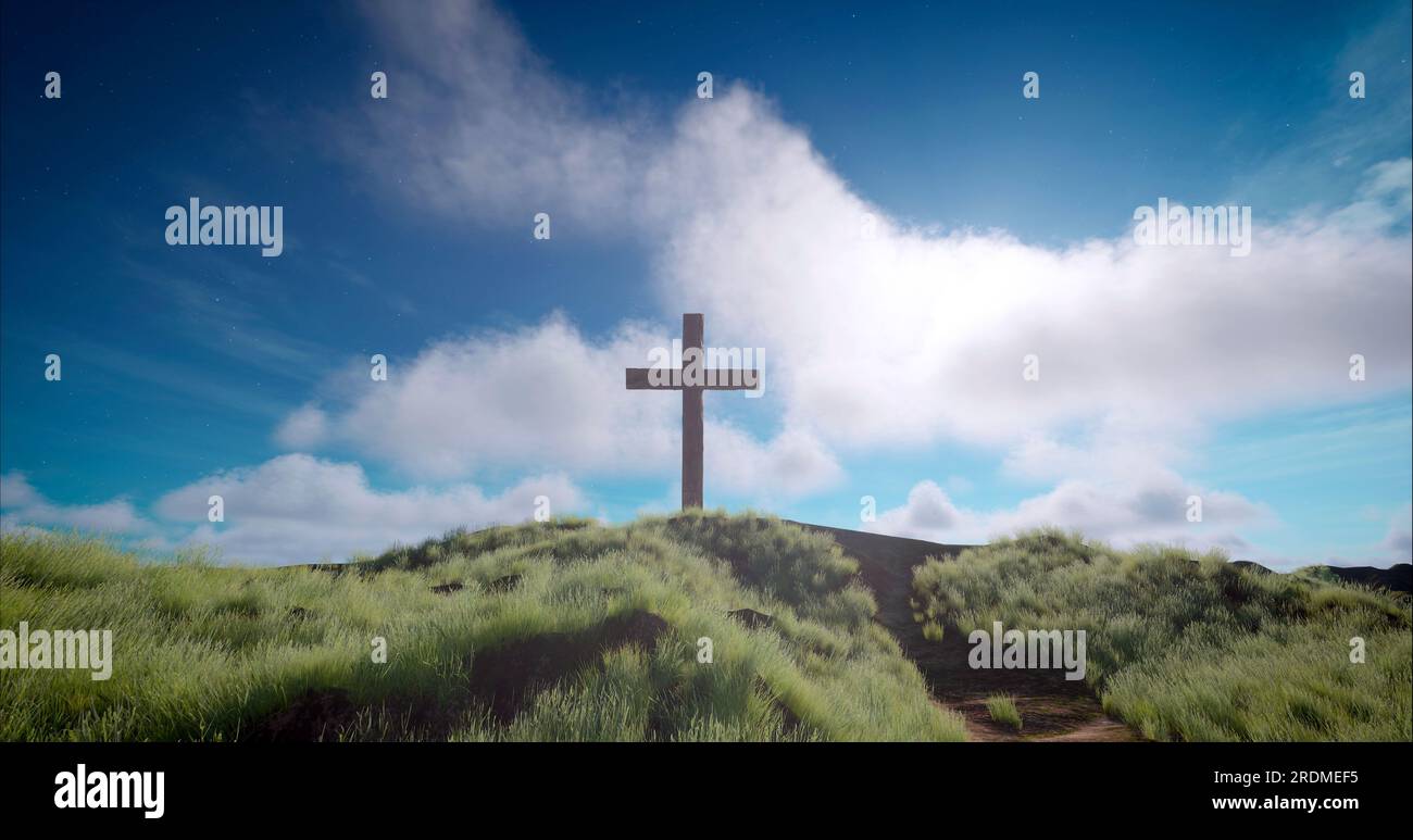 One cross on the hill with clouds moving on blue starry sky. Easter ...
