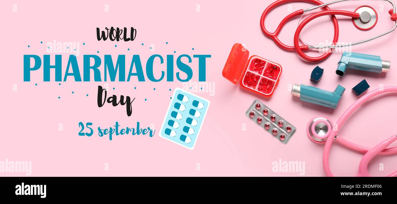 Banner for World Pharmacist Day with pills, asthma inhalers and ...
