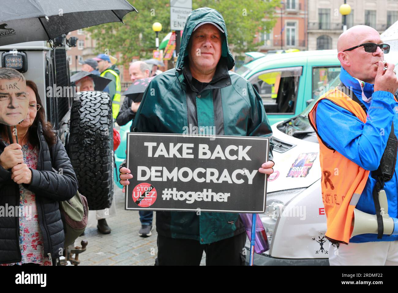 London, UK. 22 July 2023. 'Stop ULEZ' protest outside the BBC ...