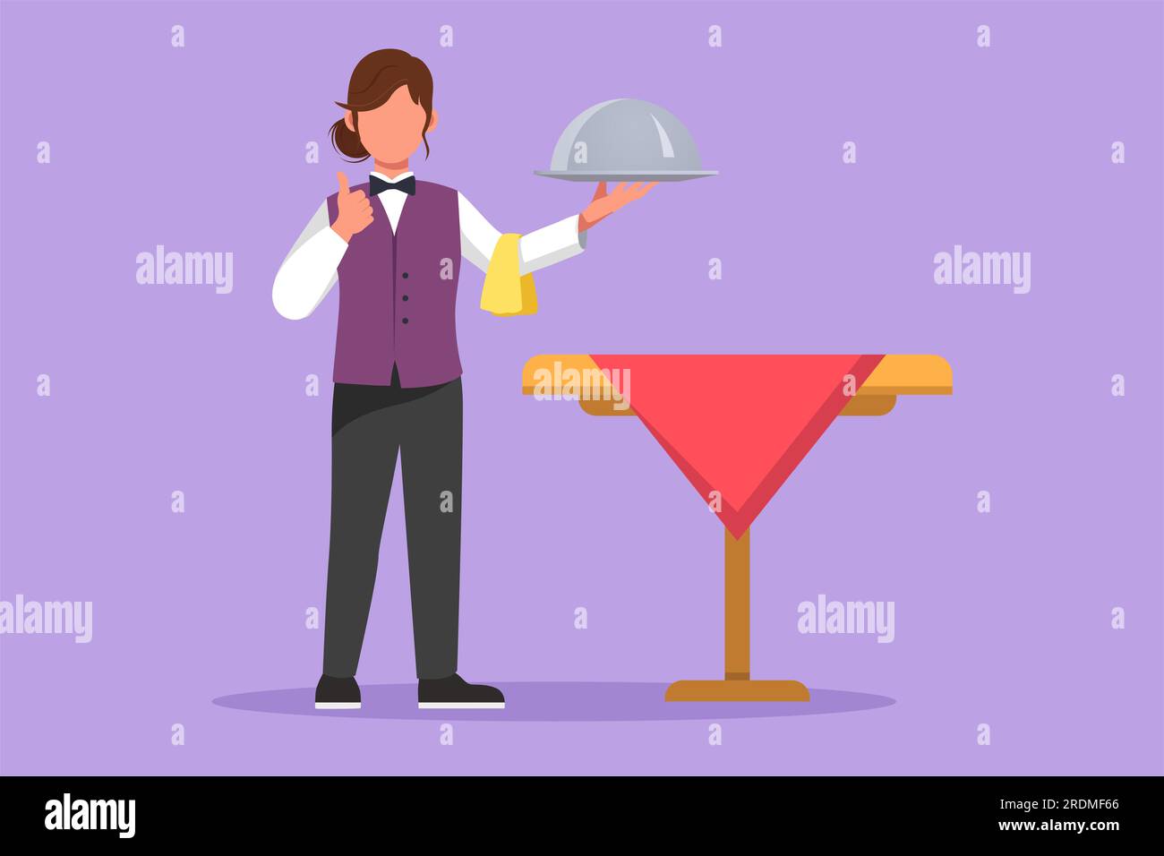 Cartoon flat style drawing waiteress stood up with thumbs up gesture ...