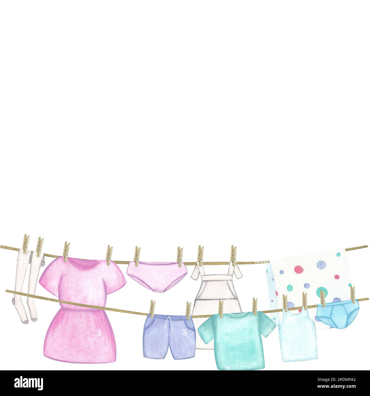 Laundry. Template, border with bed linen and clothes, dress, apron ...