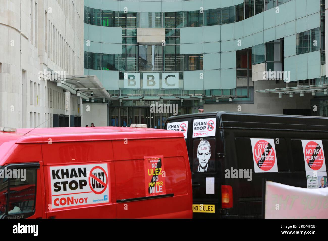 London, UK. 22 July 2023. 'Stop ULEZ' protest outside the BBC ...