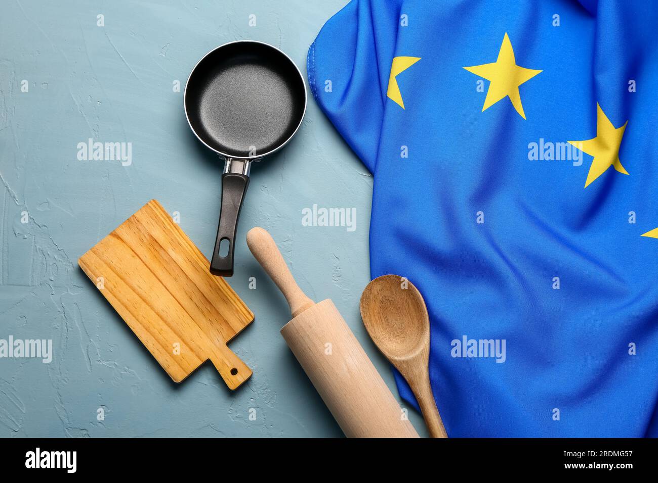Flag of European Union with kitchen utensils on grey background Stock ...