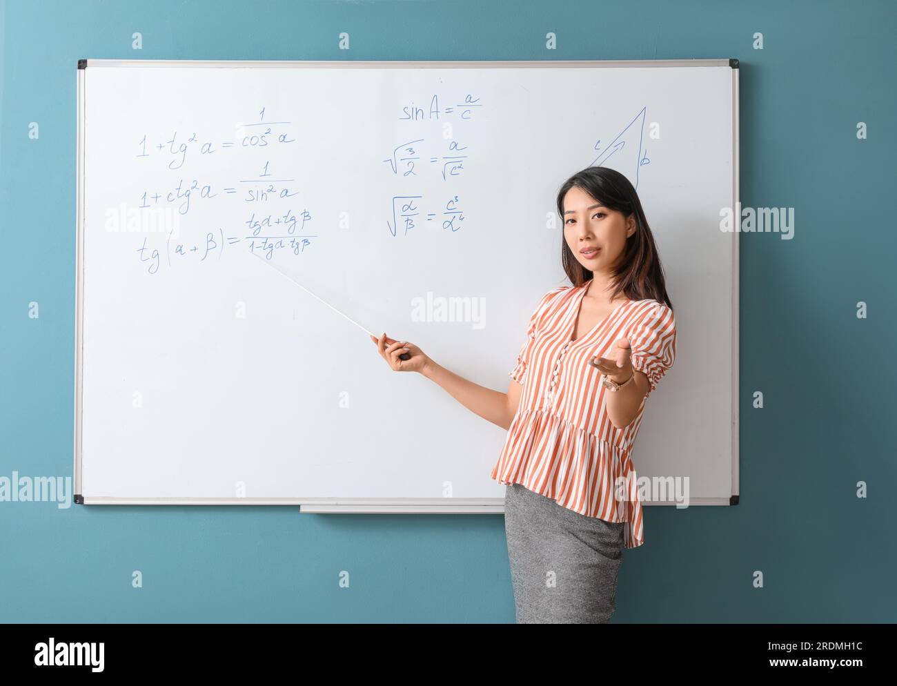 Asian Math teacher with pointer near flipboard in classroom Stock Photo ...