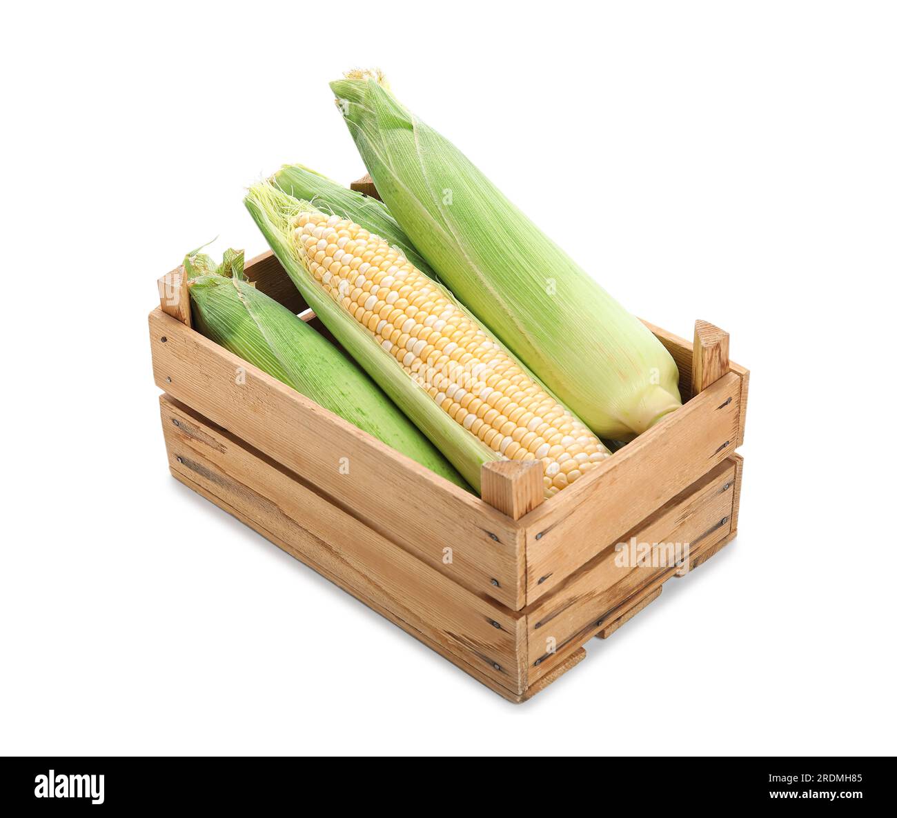 Wooden box with fresh corn cobs on white background Stock Photo - Alamy