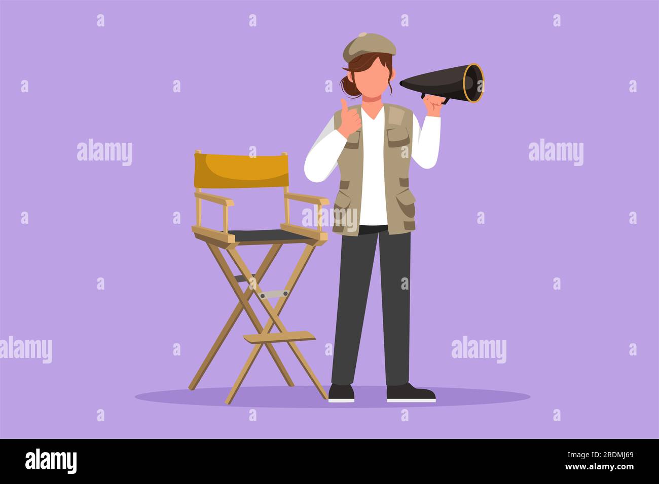 Graphic flat design drawing female film director standing and holding ...