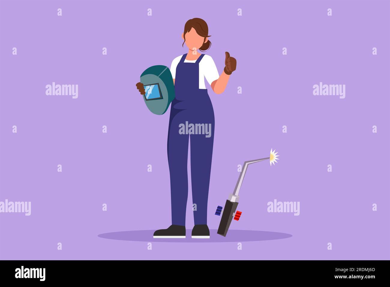 Cartoon flat style drawing female welder standing with thumbs up ...