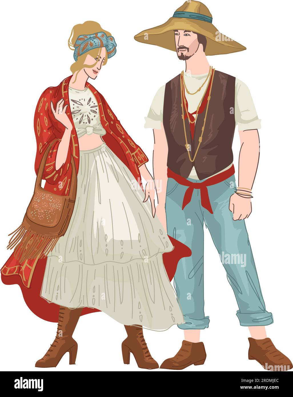 Man and woman wearing bohemian clothes, stylish characters in shirts ...