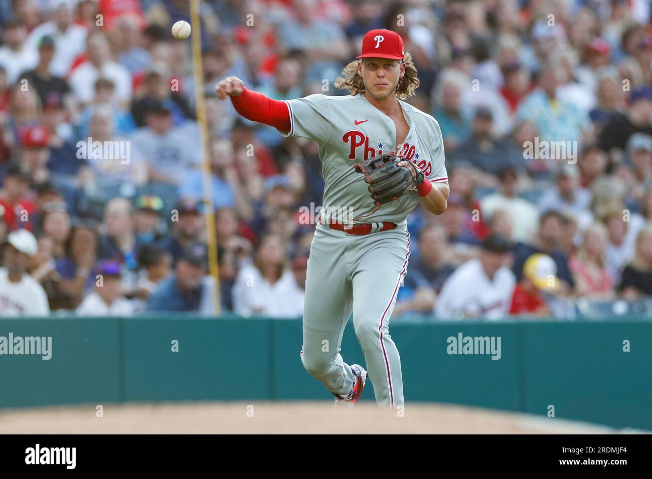 Philadelphia Phillies first baseman Alec Bohm (28) throws the ball to ...