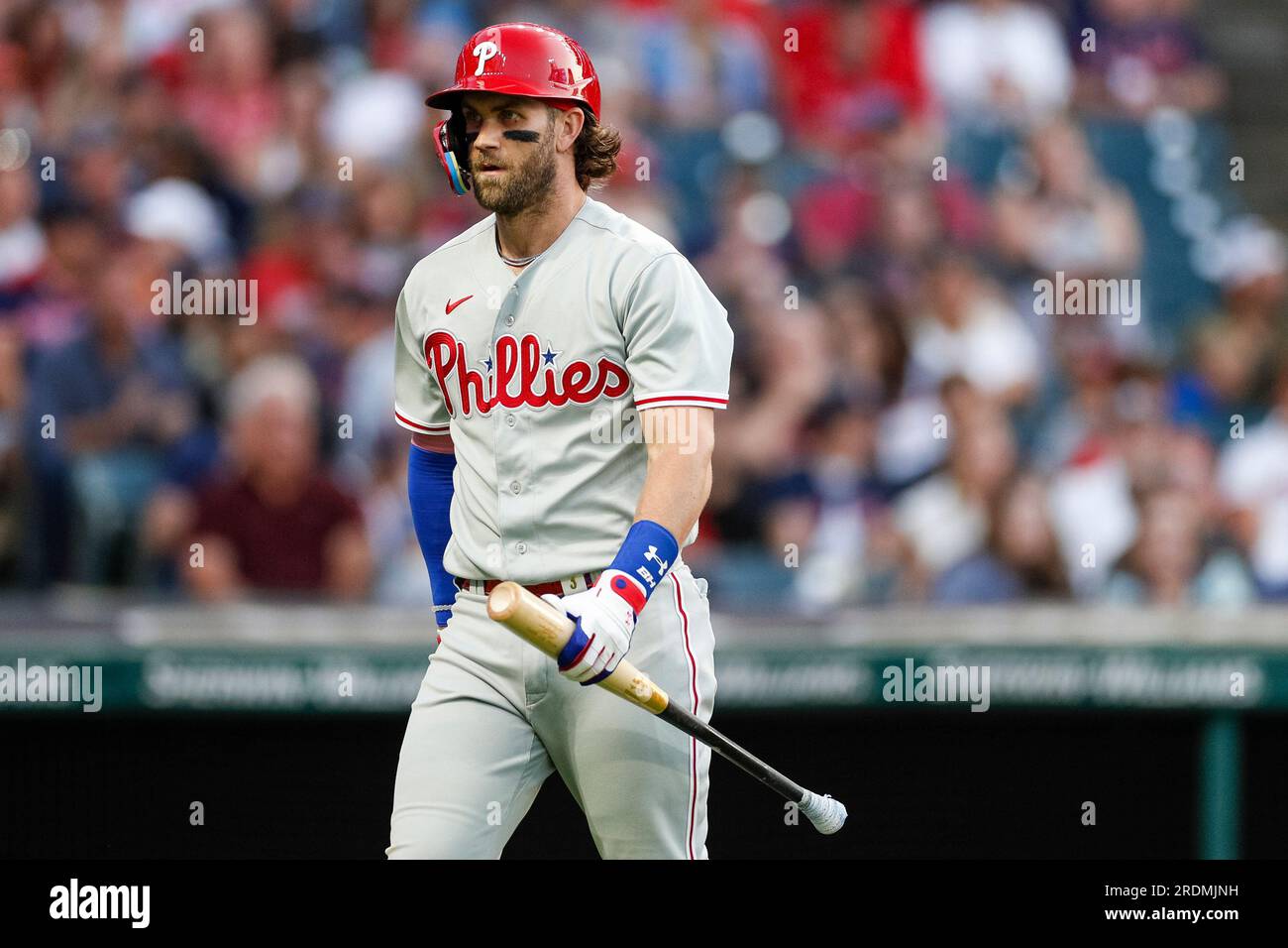 Philadelphia Phillies designated hitter Bryce Harper (3) reacts after an at bat during a MLB ...