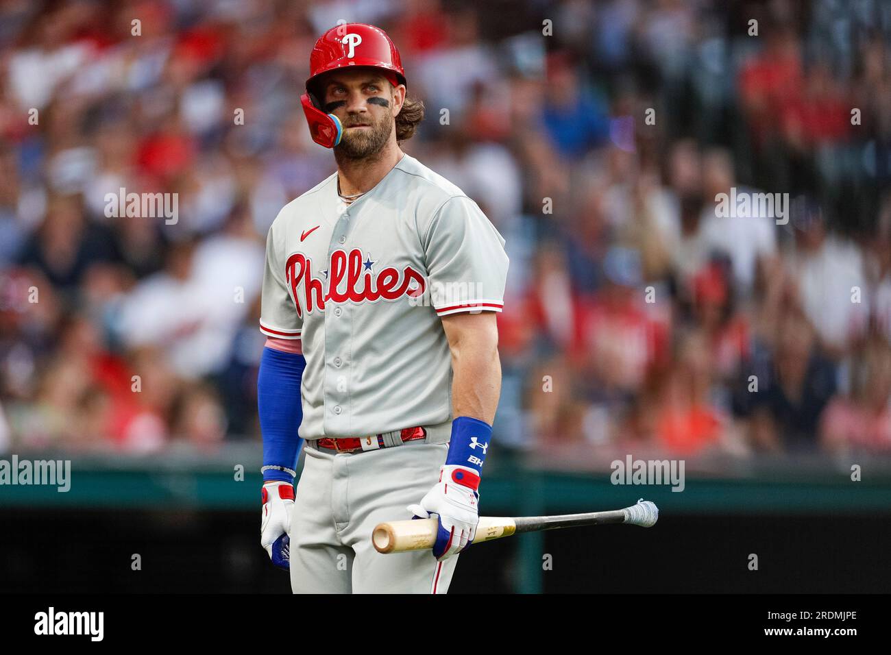 Philadelphia Phillies designated hitter Bryce Harper (3) reacts after an at bat during a MLB ...