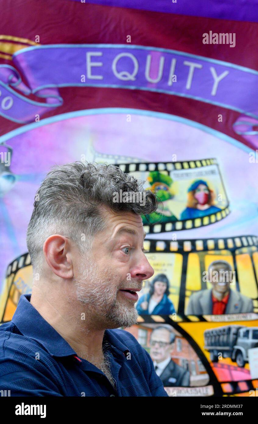 Andy Serkis (English actor) in front of an EQUITY banner at an EQUITY ...