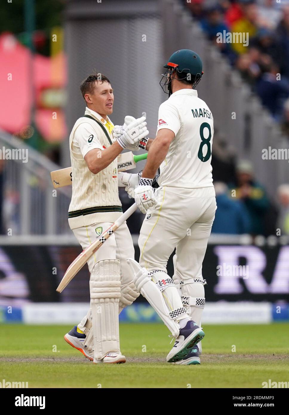 Australia's Marnus Labuschagne (left) is congratulated by Mitchell ...