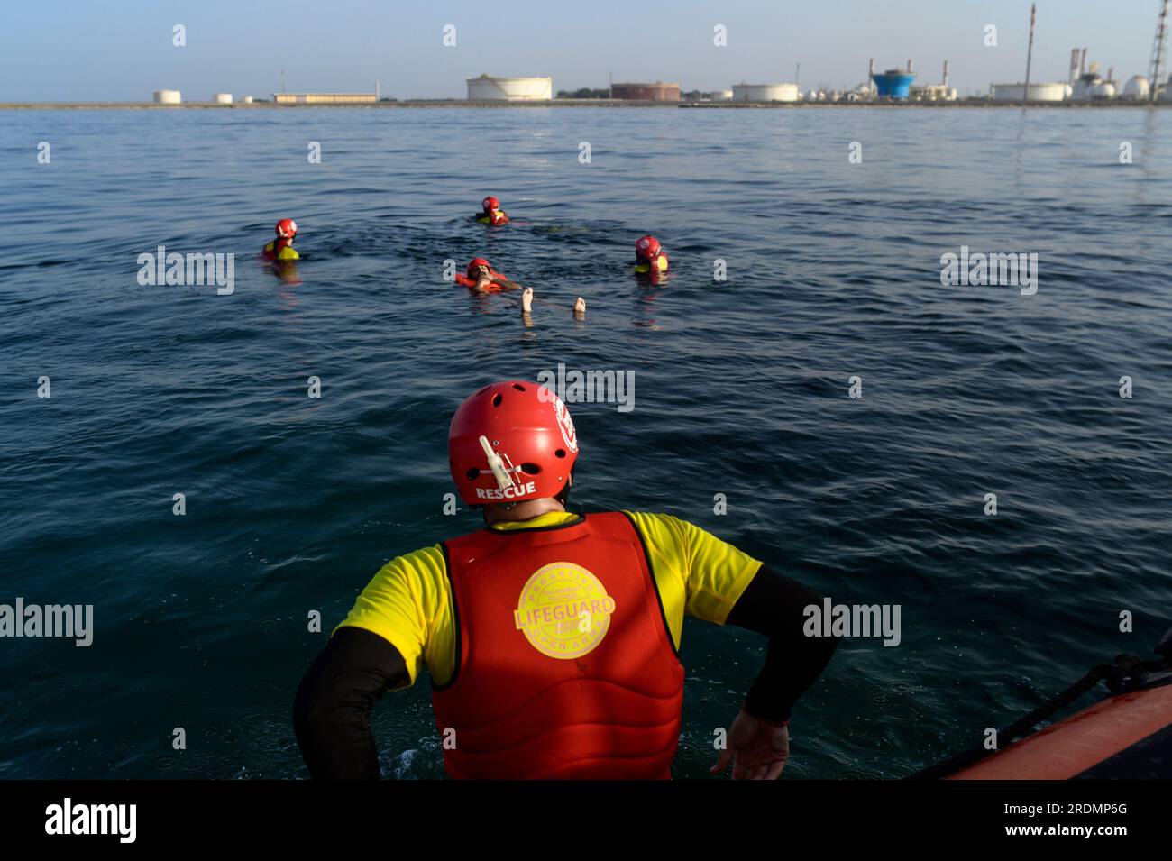 Rescuers of the Open Arms seen during an exercise. Rescuers on board of ...