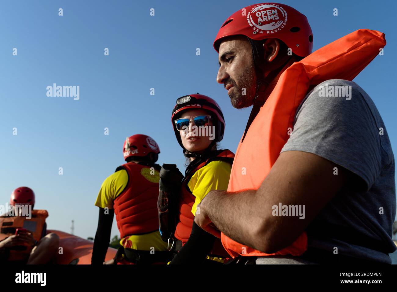 Rescuers seen on a rhib during an exercise. Rescuers on board of the ...