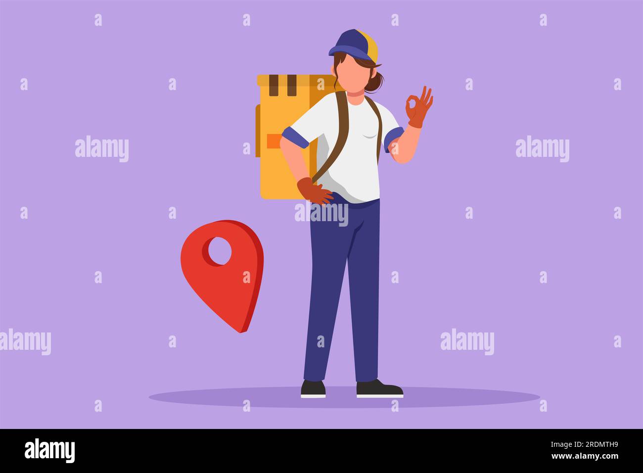 Cartoon flat style drawing delivery woman standing with okay gesture ...