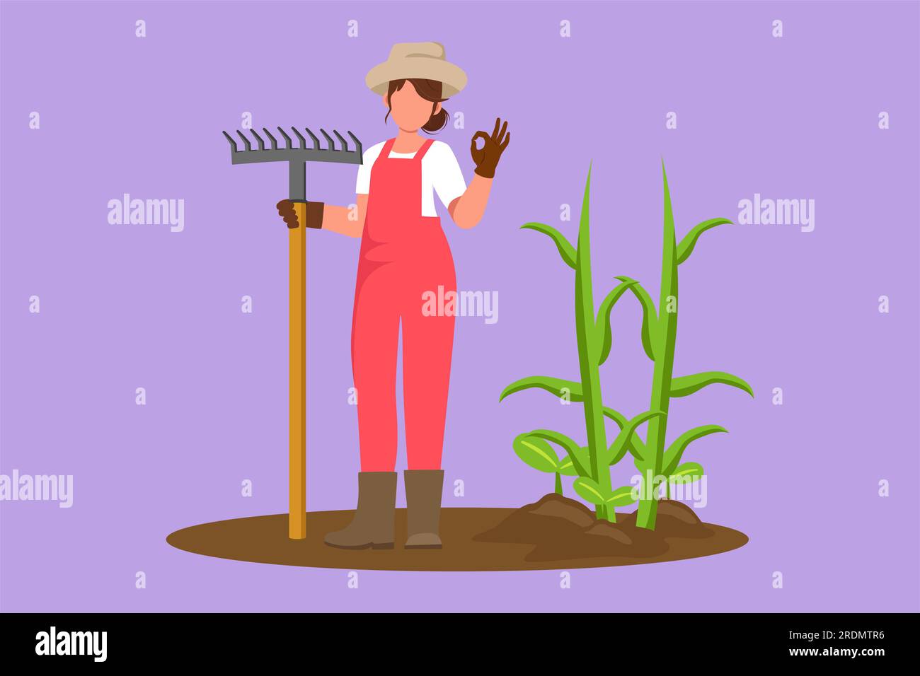 Cartoon flat style drawing cute female farmer standing with okay ...