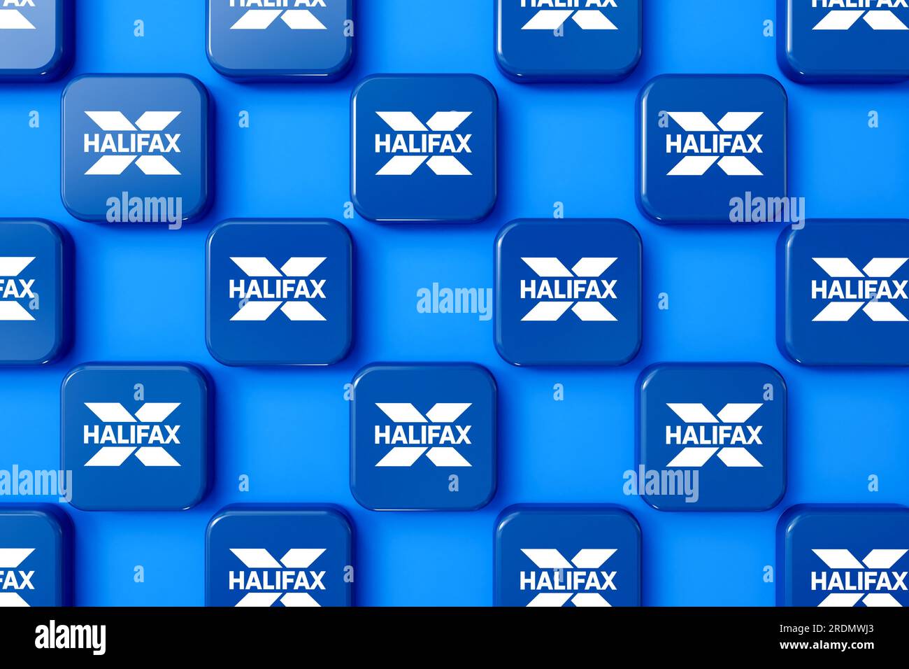 LONDON, UK - July 2023: Halifax bank blue and white company logo. 3D ...