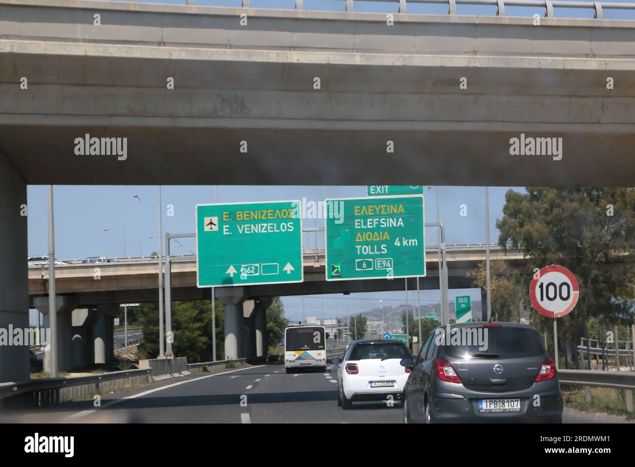 Athens Greece Bilingual Road Sign On Motorway near Athens Airport Stock ...