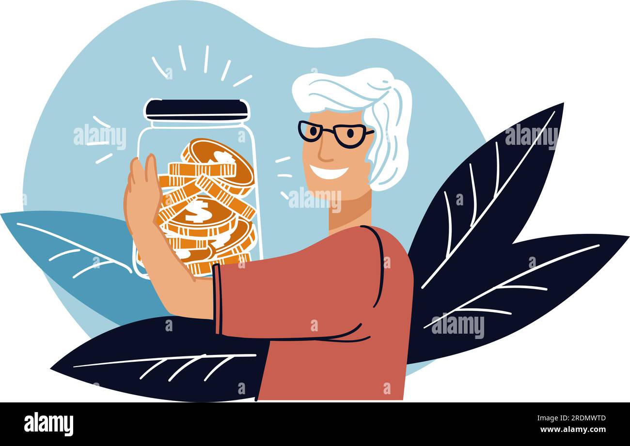 Female character of old age saving money for retirement and pension ...