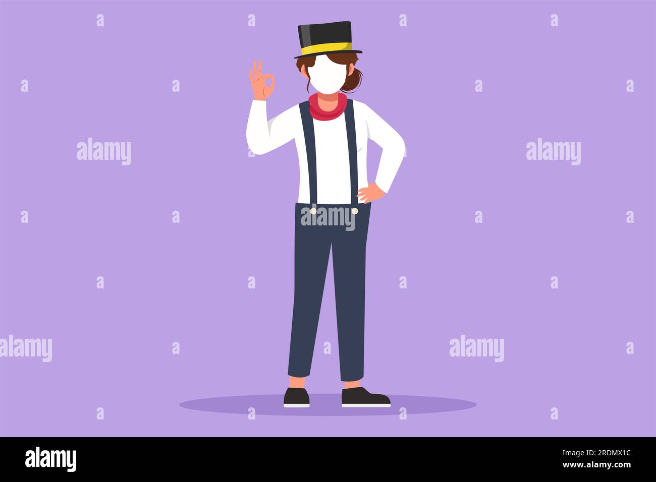 Graphic flat design drawing female mime artist standing with okay ...