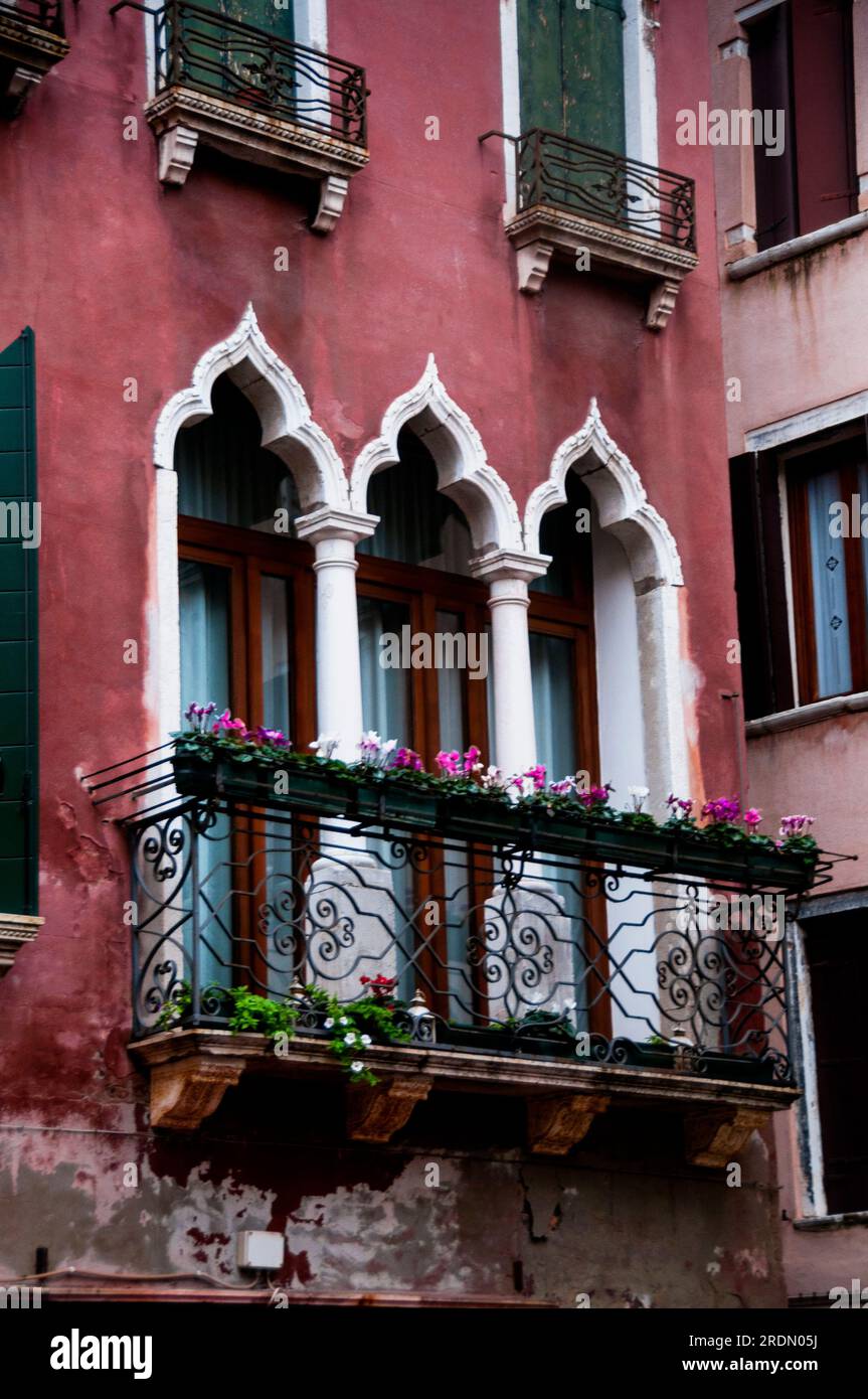 Byzantine-Gothic trifora windows and balcony in Venice, Italy Stock ...