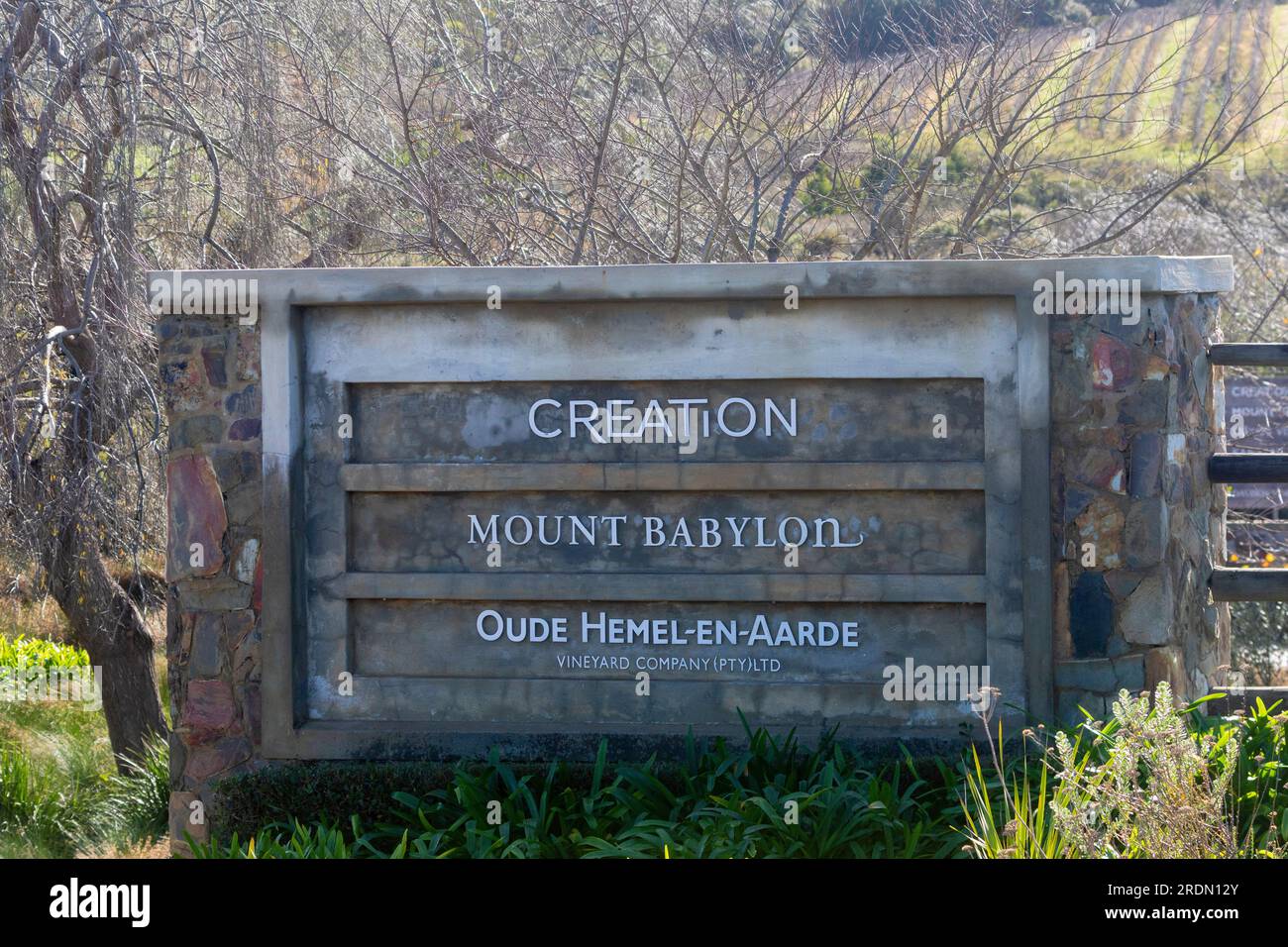 The entrance sign at Creation Wine, Hemel-en-Aarde Valley, Hermanus ...