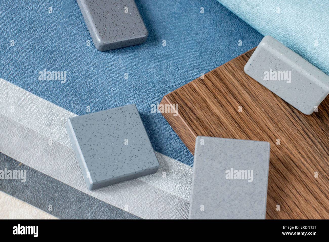 Samples of finishing materials, close-up view, including various wooden ...