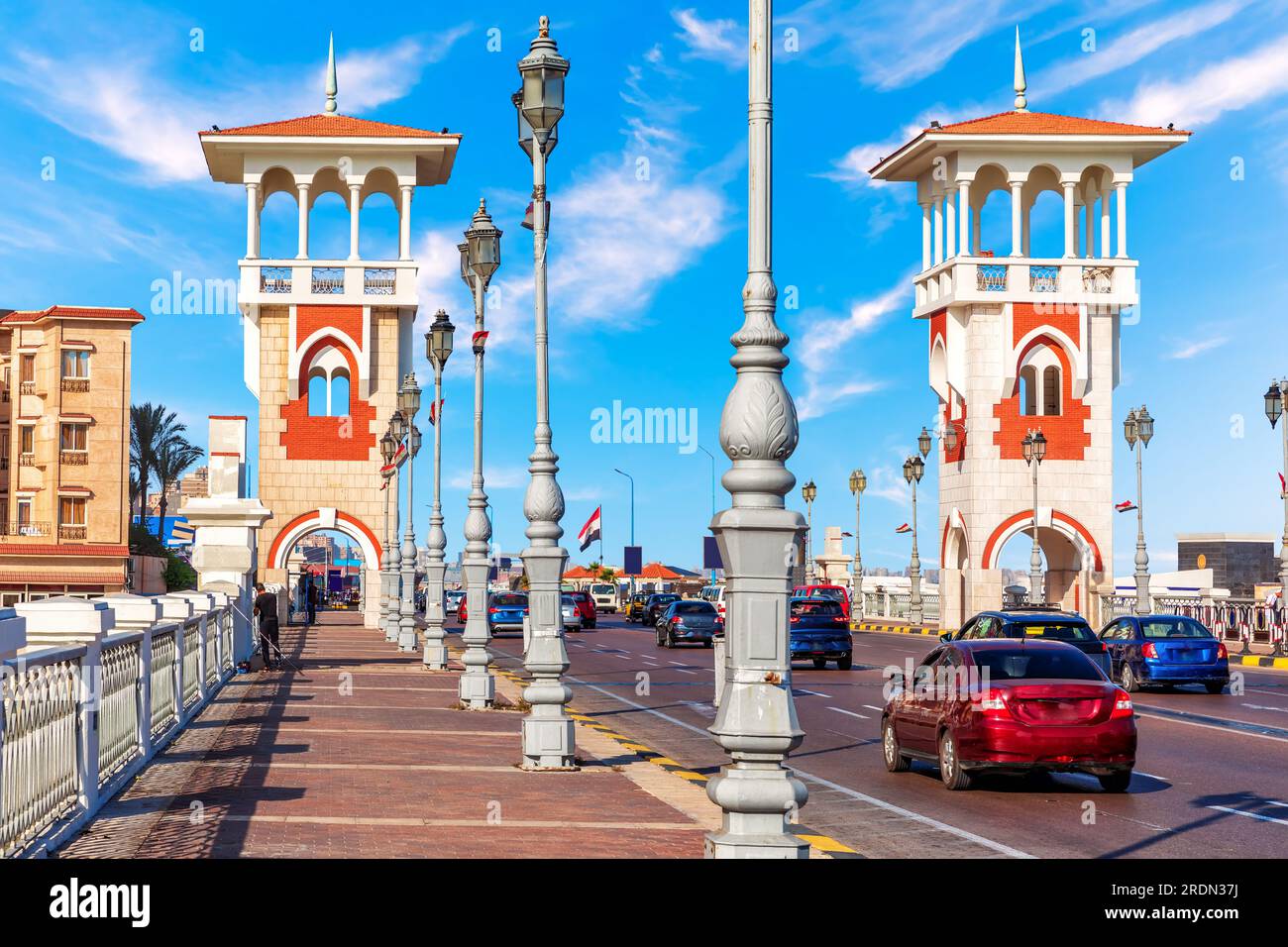 Stanley Bridge of Alexandria, view on the famous towers, Egypt Stock ...