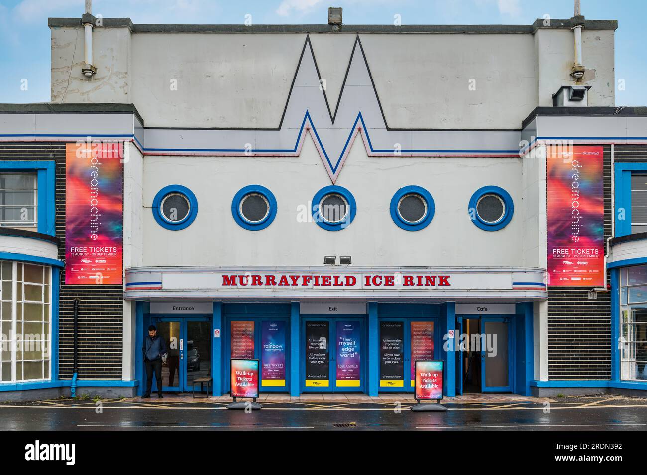 Exterior of entrance to Murrayfield Ice Rink building with Dreamachine ...
