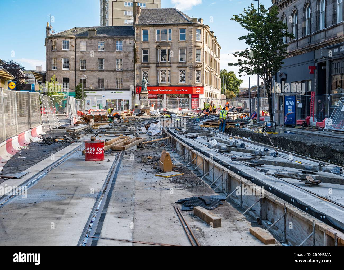 Construction of tram lines for Trams to Newhaven, Foot of Leith Walk, Edinburgh, Scotland, UK ...