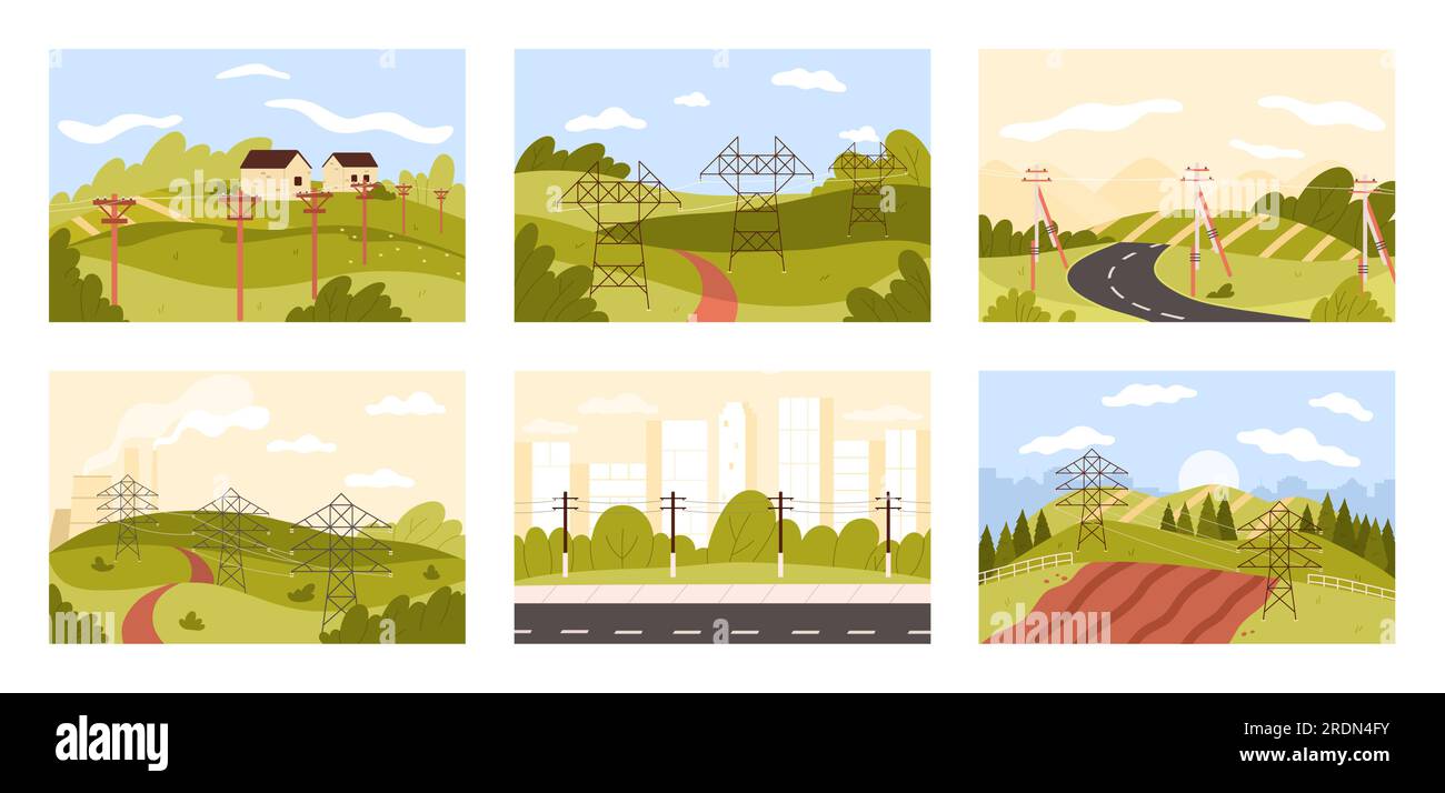 Power lines vector illustration. Cartoon isolated city, village and ...