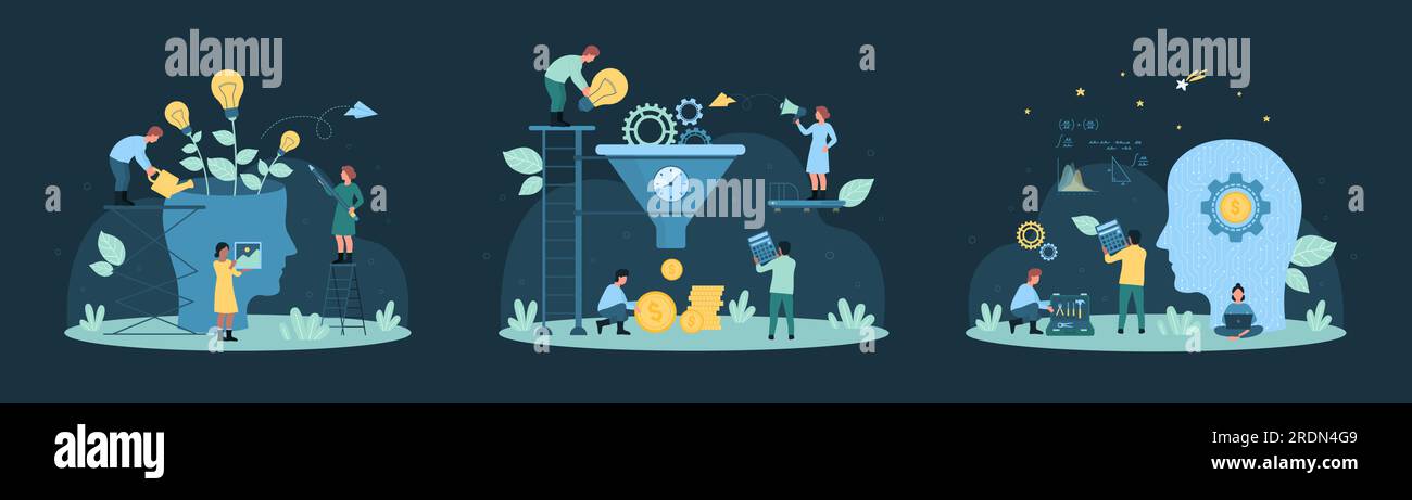 Cartoon tiny people work on money generation and idea improvement with ...