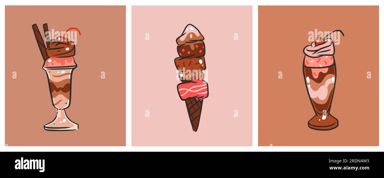 Hand drawn vector abstract cartoon ice creram cone ,sundae line art ...