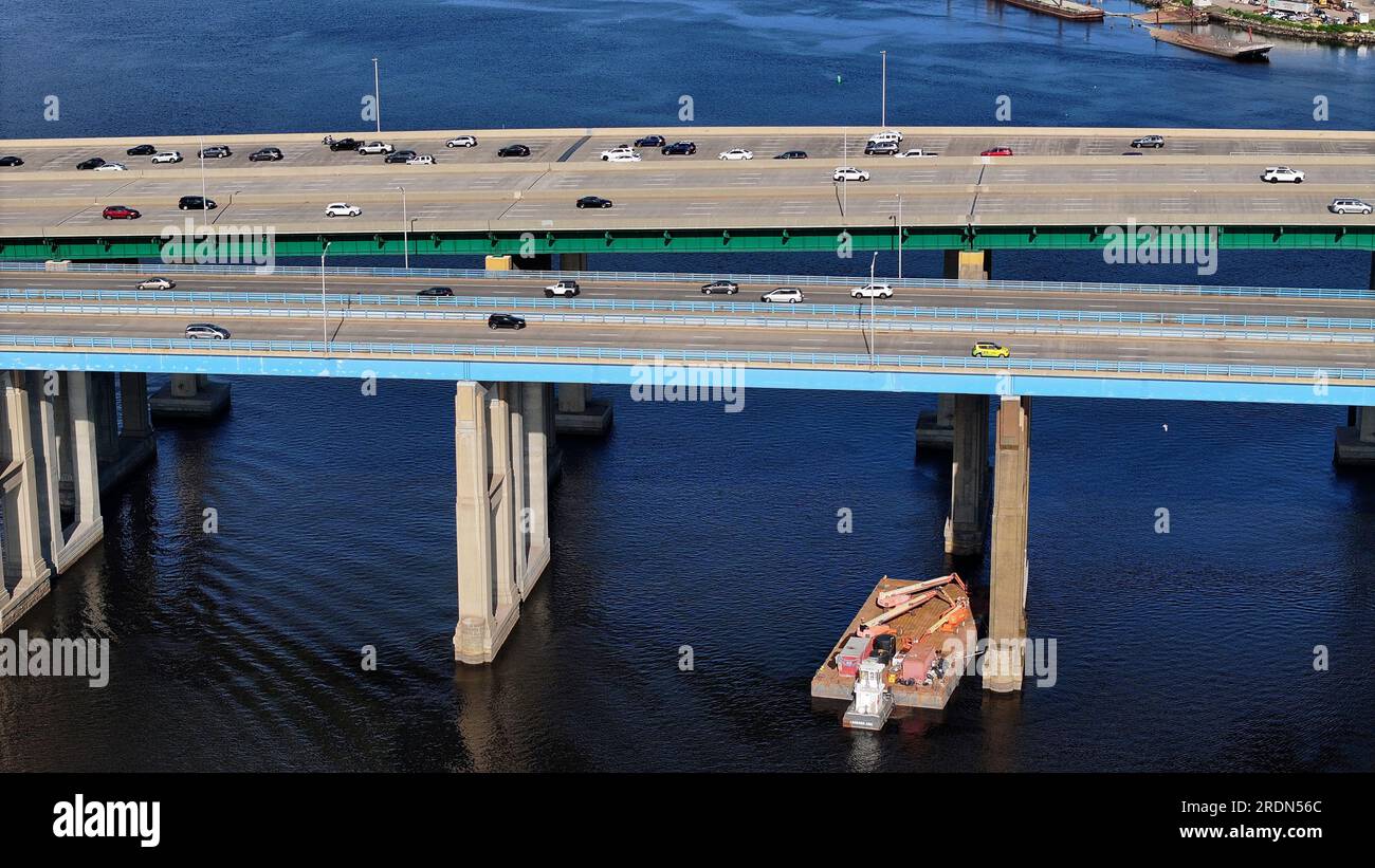 Aerial view of the Driscoll and Edison Bridges spanning the Raritan ...