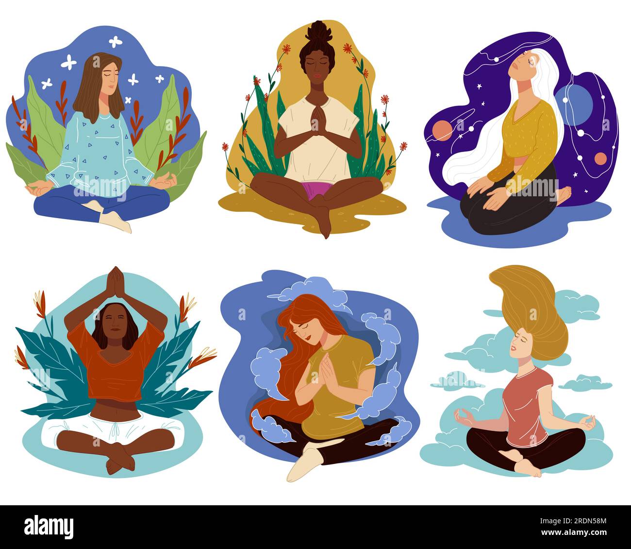 Women doing yoga, ladies practicing and meditating. Female characters ...