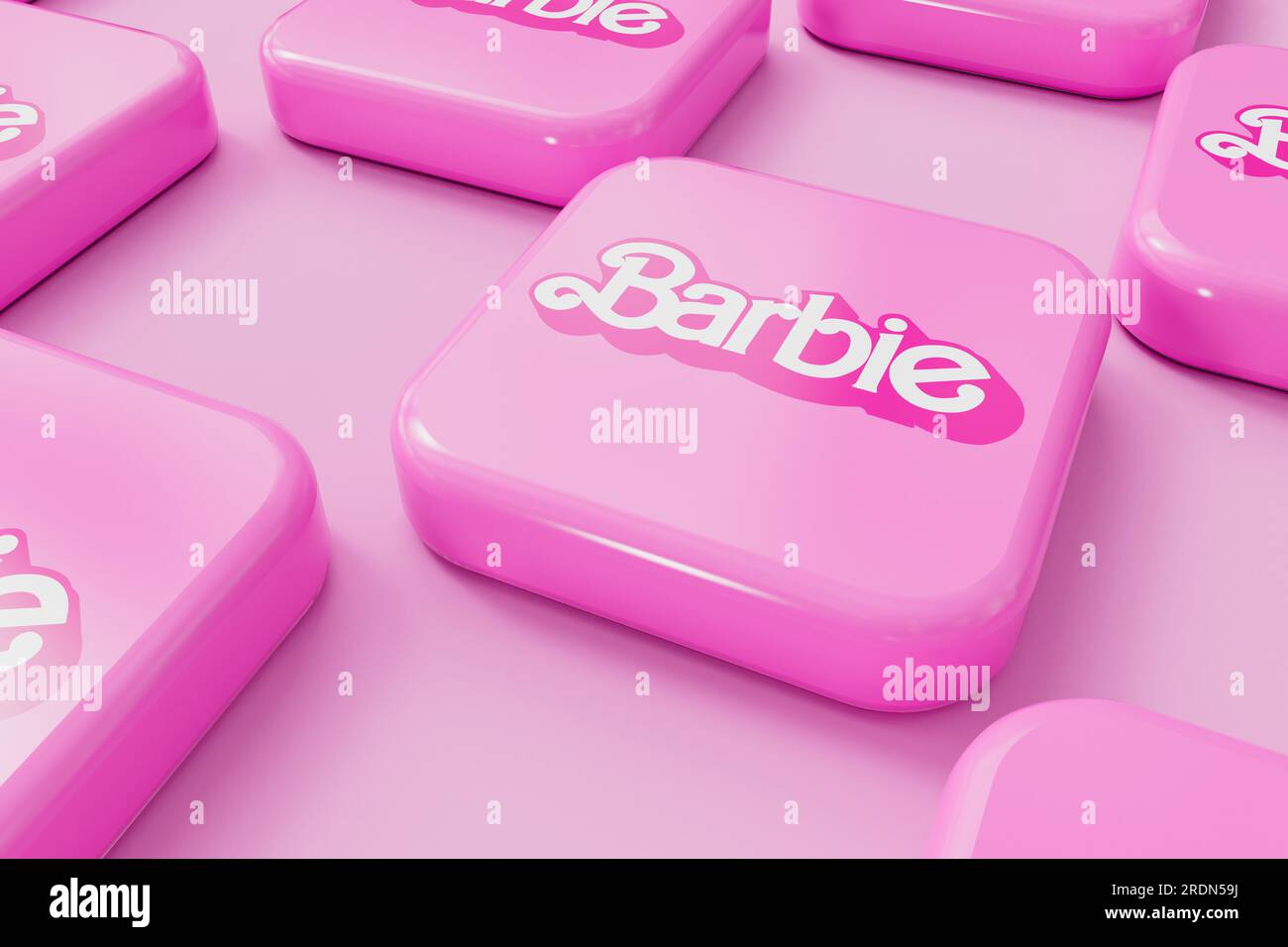 LONDON, UK - July 2023: Barbie doll logo. Barbie is a fashion doll made ...